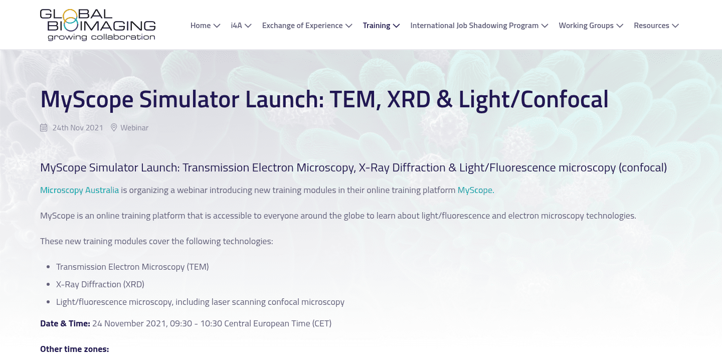 MyScope Simulator Launch: TEM, XRD & Light/Confocal | Global BioImaging