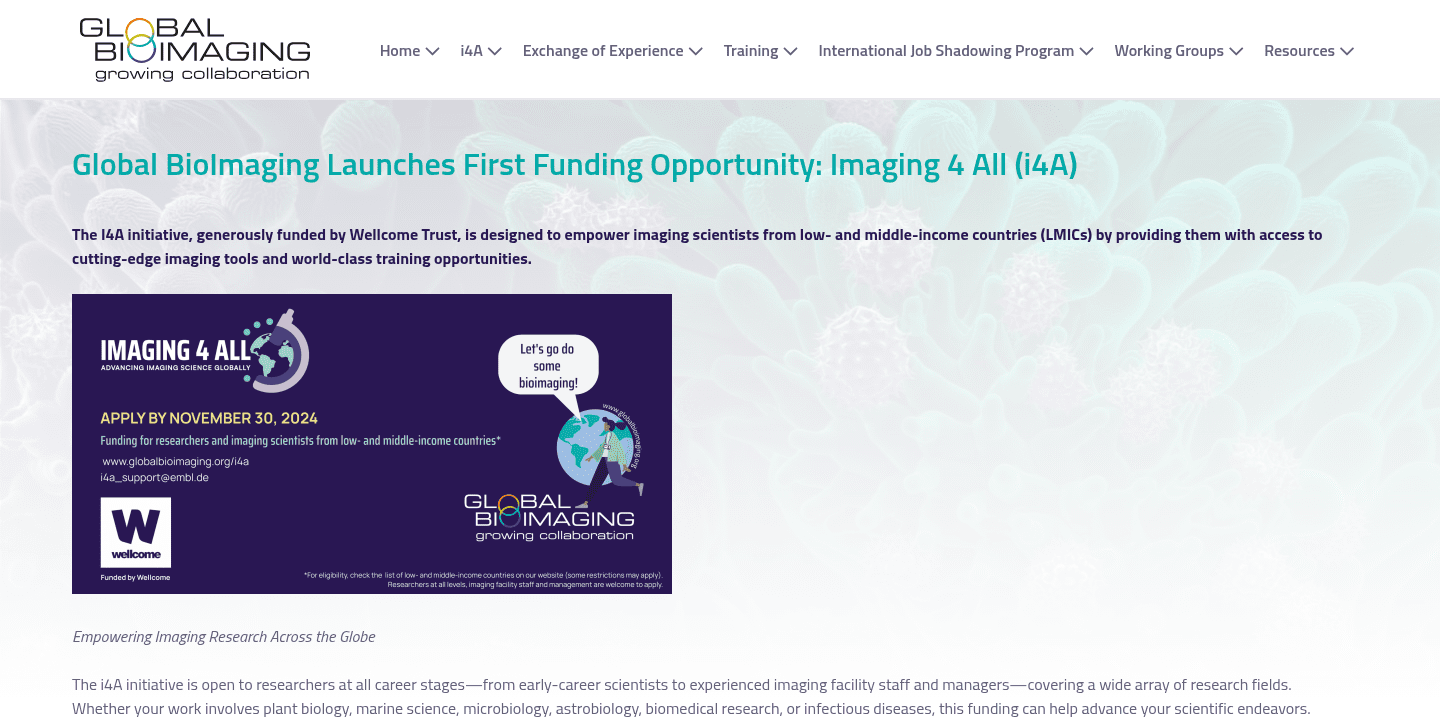 Global BioImaging Launches First Funding Opportunity: Imaging 4 All (i4A) | Global BioImaging